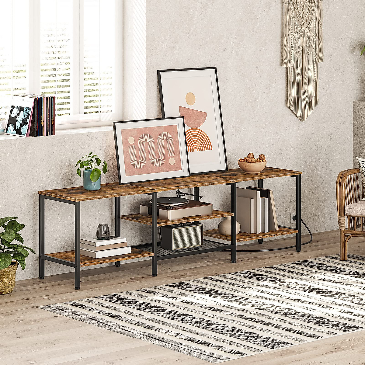 HOOBRO TV Stand with Power Outlets to 75 Inches, TV Console Table with Open Storage Shelves Cabinet, Industrial Media Entertainment Center for Living Room Bedroom, Rustic Brown and Black BF80DS01