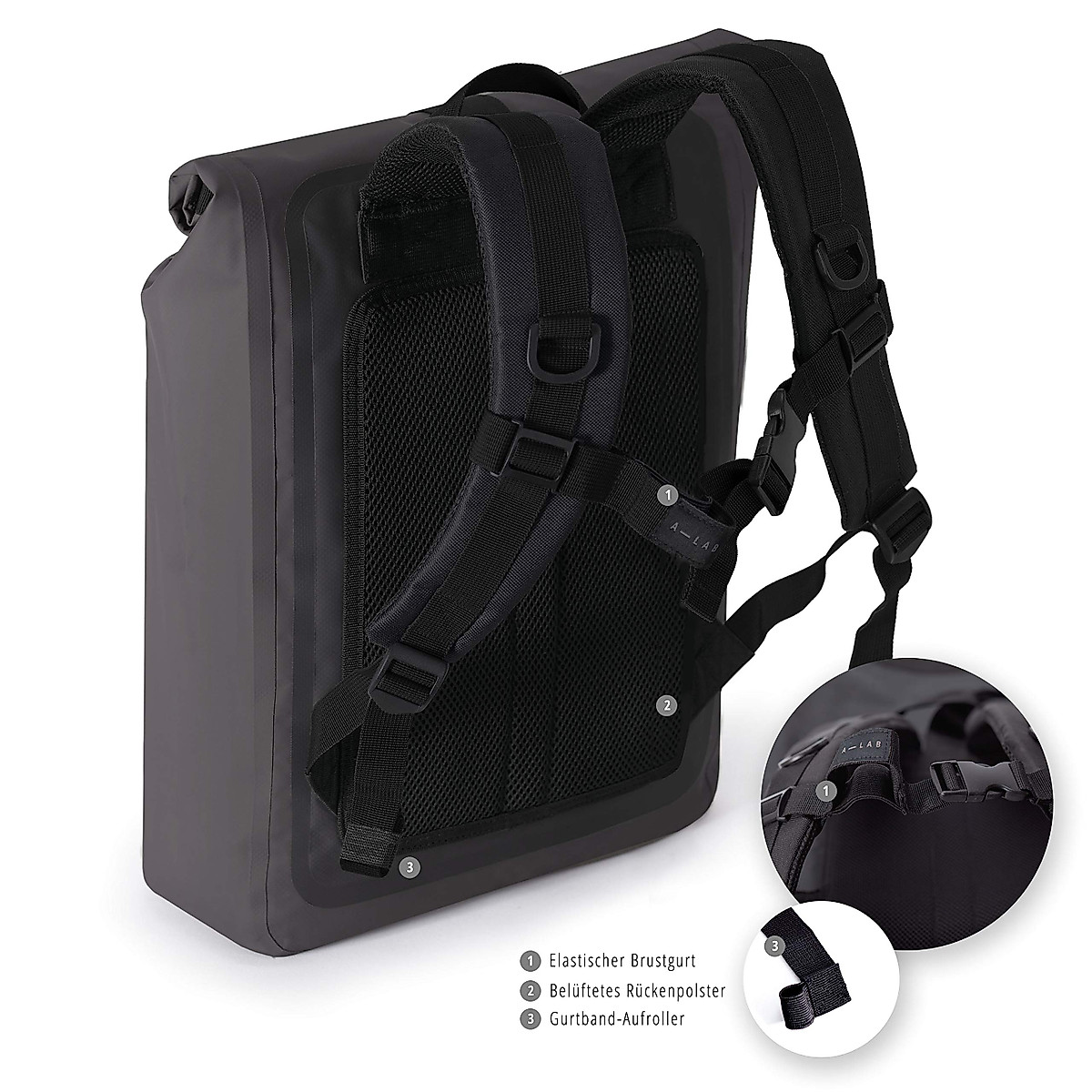 A-LAB Model A Waterproof Bicycle & Messenger Backpack Rolltop Daypack for Commuting and Traveling with 15.4'' Laptop Sleeve 26l in black