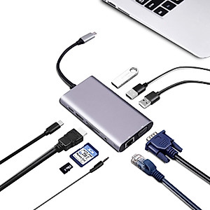 USB C Hub 10 in 1 Type C Hub with Ethernet, 4K USB C to HDMI, VGA, PD Power Delivery, 3 USB 3.0 Ports, USB C to 3.5mm, SD/TF Cards Reader for MacBook/Pro/Air and Type C Windows Laptops