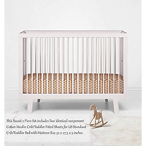 Bacati - 2 Pack Tribal/Aztec/Triangles Silky Soft Breathable 100% Cotton Muslin Baby Crib Fitted Sheets - Fits Standard 28 x 52 x 5 Crib & Toddler Mattresses (Orange Triangles)