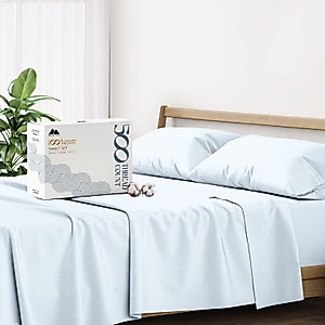 Mayfair Linen 100% Cotton Sheets for Queen Size Bed - Luxury 500 Thread Count Queen Sheet Set, 4 PC Sateen Weave Queen Light Blue Cotton Sheets, Ultra Soft, Deep Pocket Cooling Sheets Queen Size