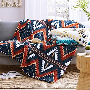 CASAAGUSTO Boho Sherpa Throw Blanket, Aztec Throw Blanket, Ultra Soft, Warm, Cozy, Plush, Thick Fleece Bohemian Throw Blanket for Couch, Bed, Sofa (Navy Blue 50 * 60 Inch)