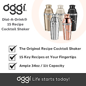 OGGI Dial A Drink Cocktail Shaker - Stainless Steel, 15 Recipes, Built in Strainer, 34 oz - The Original and Only Dial A Drink - Ideal Home Bar Drink Mixer, Bartender Kit, Essential Bar Accessories
