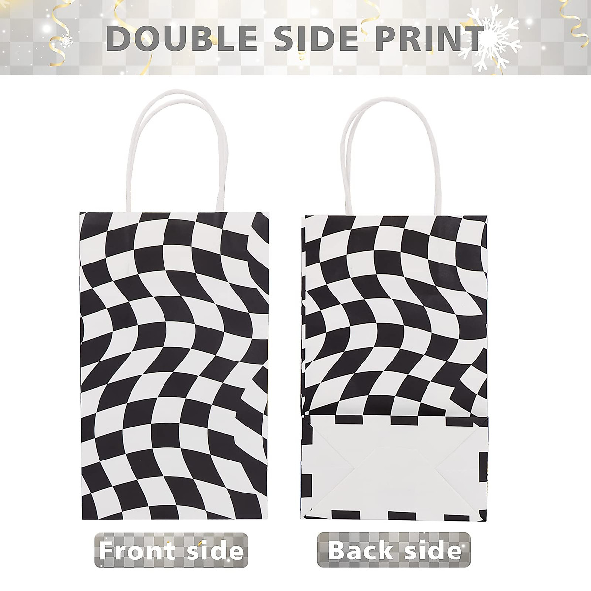 30 pieces Plaid Race Car Favors Paper Bags with Handle, Checkered Racing Gift Bags Bulks, Size 9'(H)x5.5'(L)x3.3'(D) Black and White Checkered Race Car Themed Kraft Paper Bags for Kids Birthday Party