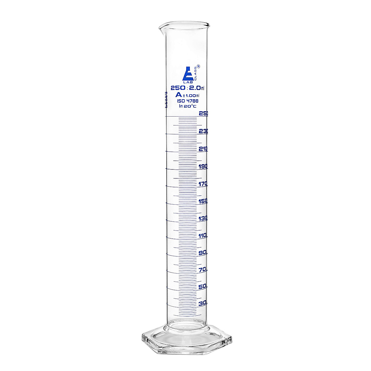 EISCO Graduated Cylinder, 250ml - Class A Tolerance ±1.00ml - Hexagonal Base - Blue Graduations - Borosilicate 3.3 Glass