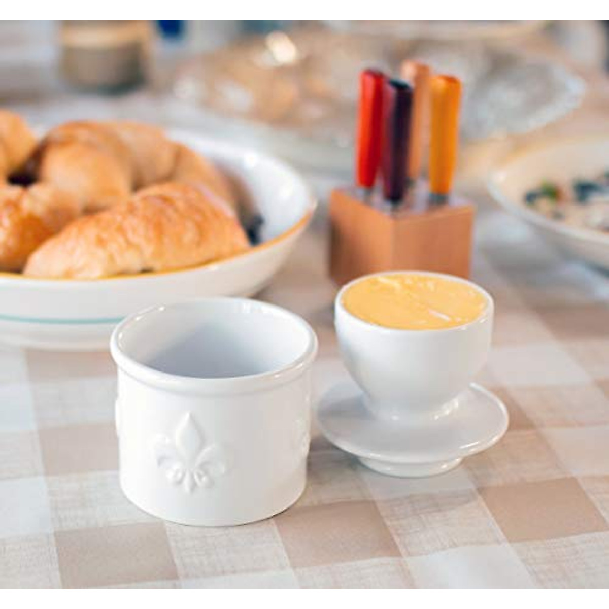 Butter Bell - The Original Butter Bell crock by L Tremain, a Countertop French Ceramic Butter Dish Keeper for Spreadable Butter, Fleur de Lis Collection (Blanche)