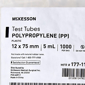 McKesson Plastic Test Tubes - Non-Graduated, Premium-Grade Polypropylene Clear Tubes, Freezeable, Durable Impact Strength - 5 mL, 1000 Count