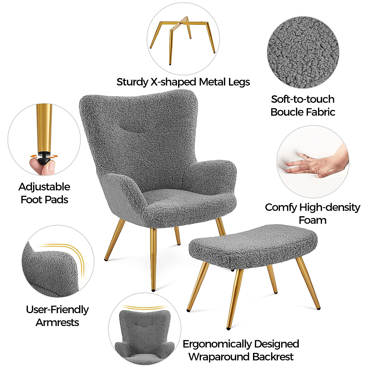 Yaheetech Accent Chair and Ottoman Set, Sherpa Armchair with Golden Metal Legs and High Back, Footstool for Living Room, Lounge, Gray