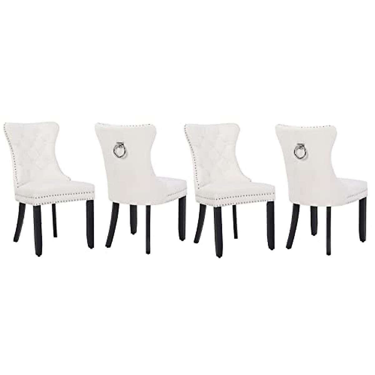 BTEXPERT High Back Velvet Tufted Upholstered Dining Chairs, Solid Wood-Nail Trim, Ring White Set of 4, Set of 4, White, Set of 4, White