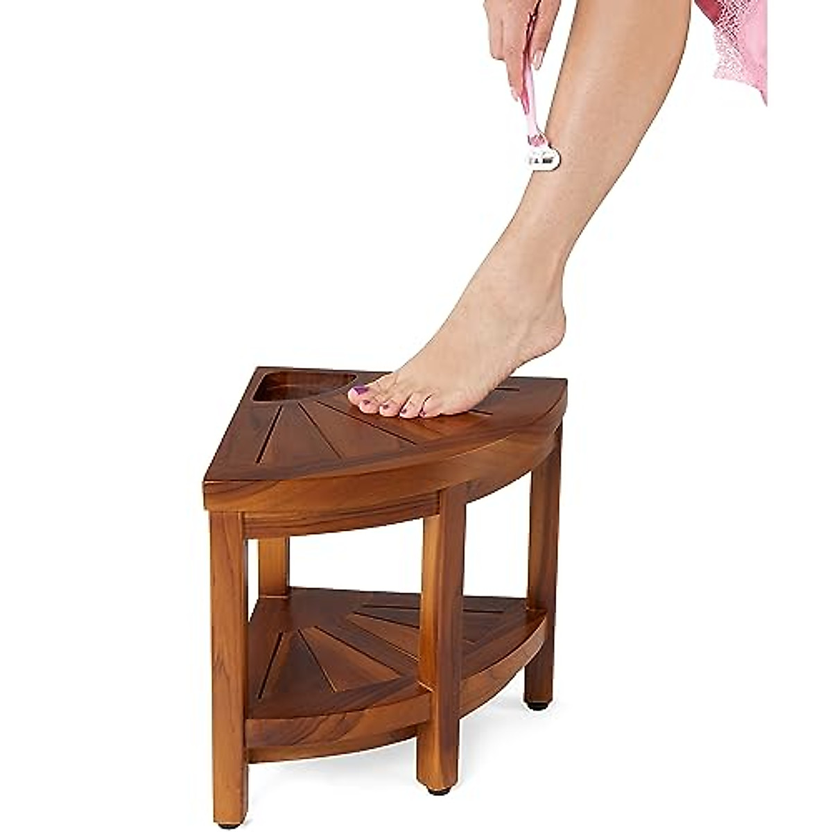 TeakCraft Corner Teak Shaving & Foot Rest with Shelf, 12" Fully Assembled, The Tilos