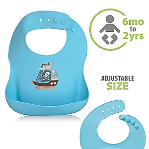 Beanie Kate Silicone Feeding Bib,Durable Pocket Adjustable Strap BPA Free Silicone Waterproof Easy Cleanup Comfortable for Babies & Toddlers (Pirate Ship),Blue,6 month2 years