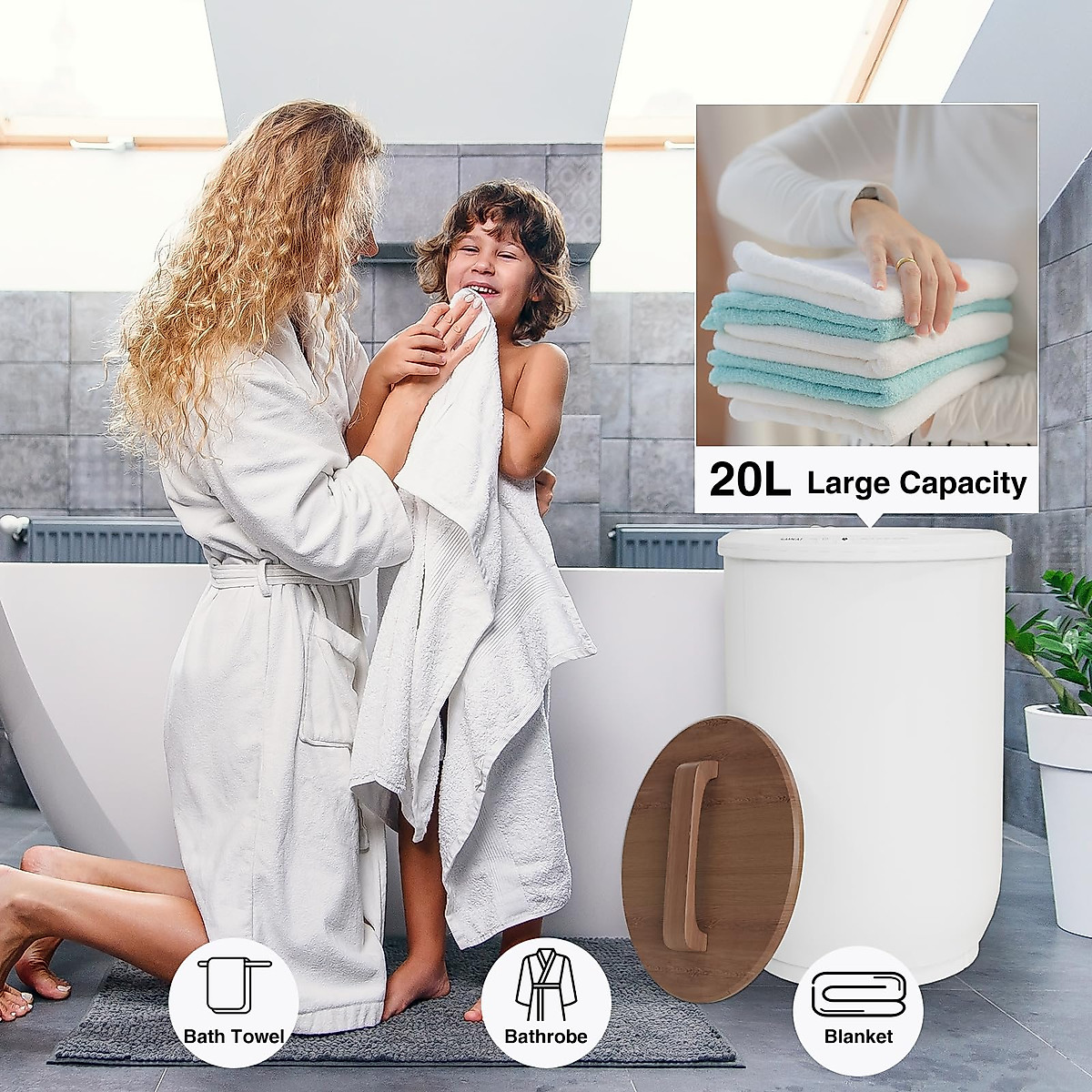 SAMEAT Large Towel Warmer for Bathroom - Heated Towel Warmers Bucket, Wooden Lid, Auto Shut Off, Fits Up to Two 40"X70" Oversized Towels, Best Ideals