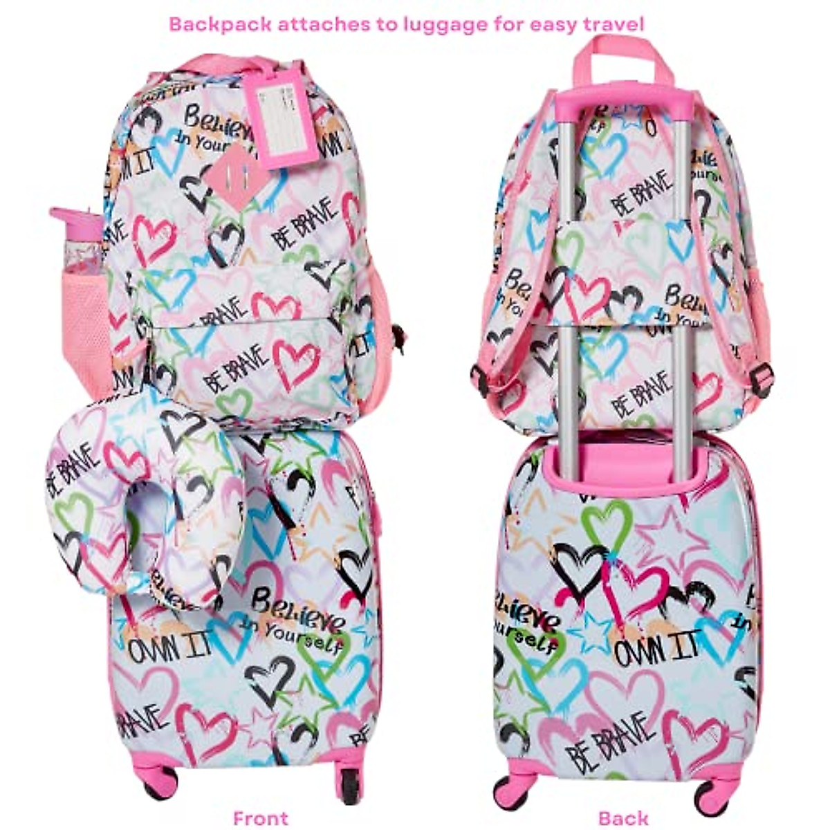 RALME 5 Pc. Girls’ Rolling Suitcase Set with Backpack, Neck Pillow, Water Bottle, and Luggage Tag