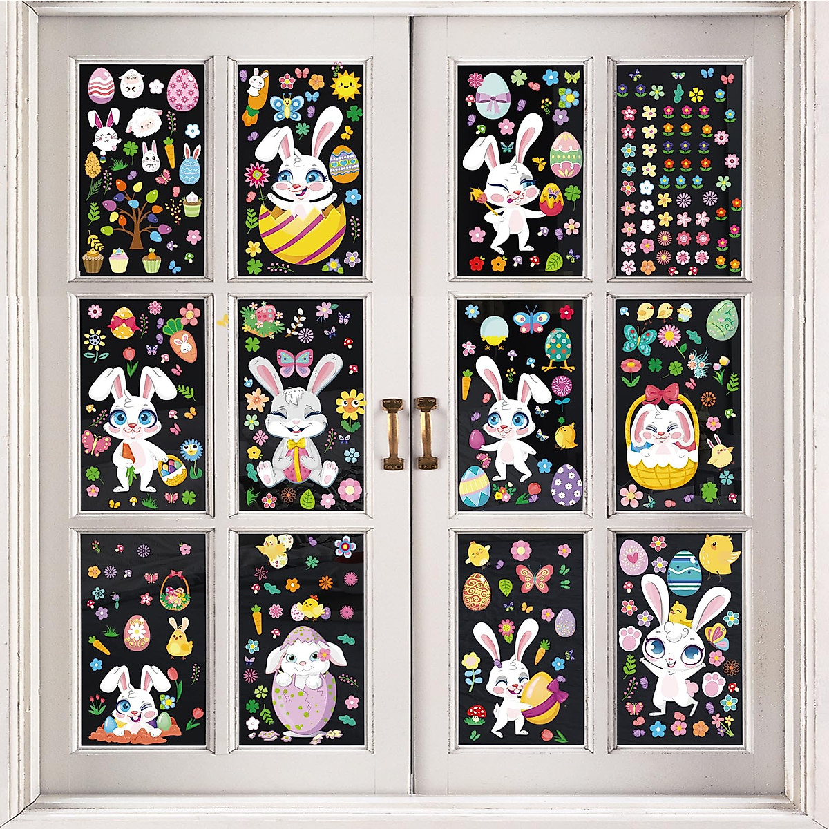 AOWDIAO 12 Sheets Easter Window Clings - 366 Reusable Double-Sided Static Window Stickers - Holiday Home Easter Decorations for Glass Windows, Classroom, Office - Large 12x9 Inch Easter Decals