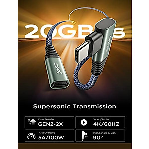 AINOPE USB C Extension Cable, (3.3Ft/1m/20Gbps) Right Angle USB 3.2 Type C Extension Nylon Braided 100W/5A Fast Charging Compatible with USB C Hub/Dell XPS/MacBook/iPad Pro/Magsafe Charger(Gray)