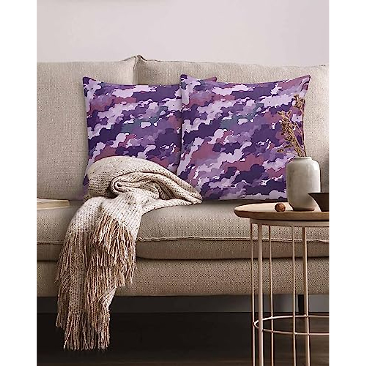 RainbowDay Pack of 2 Reversible Cotton Throw Pillow Covers， Camouflage Netting Camo Purple Square 16 x 16 Inch Soft Cushion Case for Home Sofa Living Room Couch Bedroom Set for Car Chair