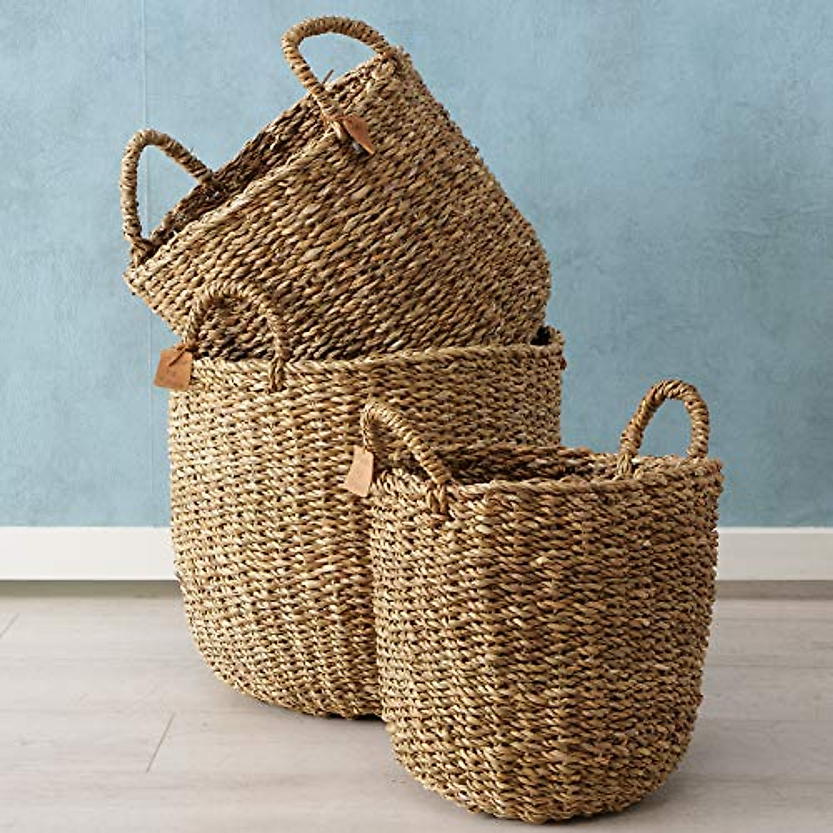 Made by Nature Seagrass Baskets, Round Top Handles, Natural Chunky Sweater Weave, Set of 3, Made by Hand, From Over 1.5 Feet Tall to 1 Feet 2 Inches, Ideal for Storage