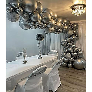 DKCPISCO Silver Metallic Chrome Latex Balloon Arch Kit, 100PCS 18In 12In 10In 5In Arch Garland For Engagement,Picnic,Wedding, Silver Theme Anniversary Celebration Decoration With 33FT Ribbon