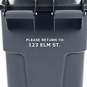 VWAQ Garbage Can Decal Personalized with Street Address & Street Name Return Here Trashcan Decal Custom Design (White)