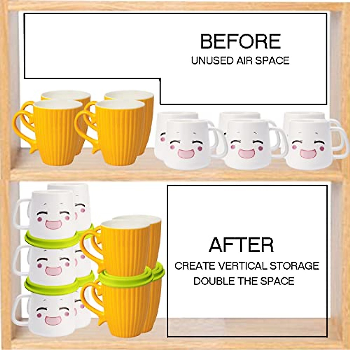 cup stacking rack for cupboard stackable Mug holder convenient for Cups organizers and storage Make kitchen cabinet shelf pantry save space Mugs stand adjustable for different sizes of cups 3pcs green