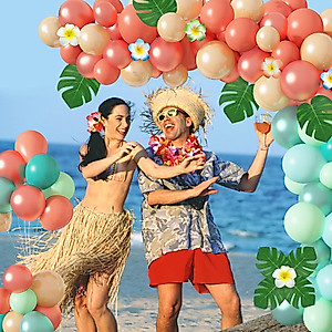 Ouddy Party Tropical Balloon Garland Arch Kit, 12"10"5" Rose Gold Blush Blue Balloons Artificial Palm Leaves Plumeria for Magic Theme Birthday Party Supplies Baby Shower Hawaii Luau Party Decorations