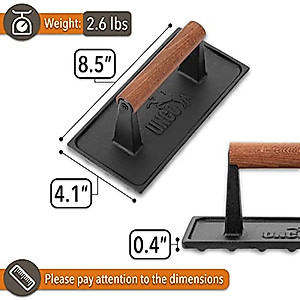UNCO- Cast Iron Grill Press, 8.5 x 4.1 Inch, 2.6 lbs, Burger Press for Griddle, Sandwich Press, Bacon Press for Griddle, Griddle Press, Meat Press Cast Iron, Hamburger Press for Griddle