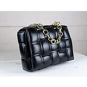 Bella Luna Woven Padded Cassette-Style Crossbody Handbag Purse for Women with Chain Bag (Black-Chain)