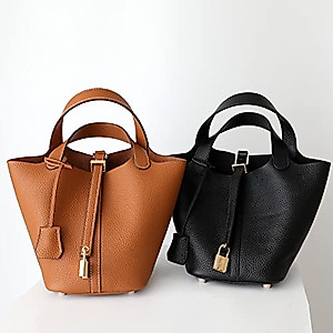 Leather Tote Bag Bucket Bag Ladies Large Capacity Bag Shopping Vegetable Basket Leather Tote Bag, Brown, 14*18*19cm