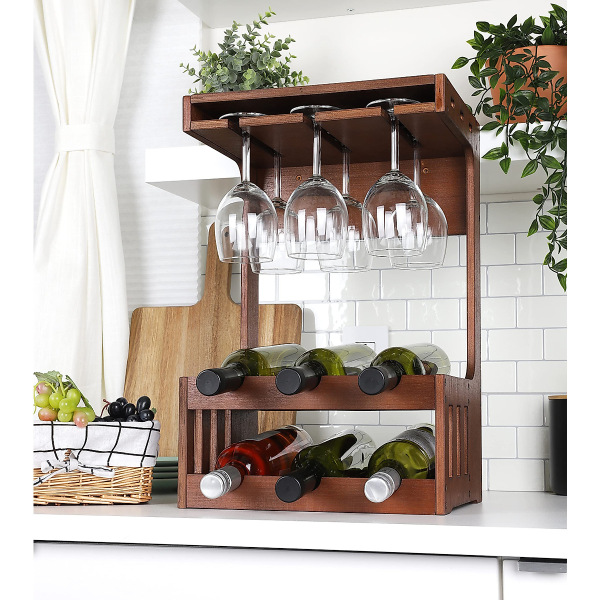 Mind Reader Floating Wooden Decor, 6 Bottle Stand, Stem Glass Organizer-Brown Wine Rack, 20" x 13" x 10"