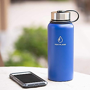 Insulated Water Bottle with Flip Top & Wide Mouth Lids, 2 BPA-Free Straws - 32-40oz, Stainless Steel, Double Wall, Vacuum Insulated for No Leaks - Keeps Liquid Hotter & Colder Longer - Blue 32oz