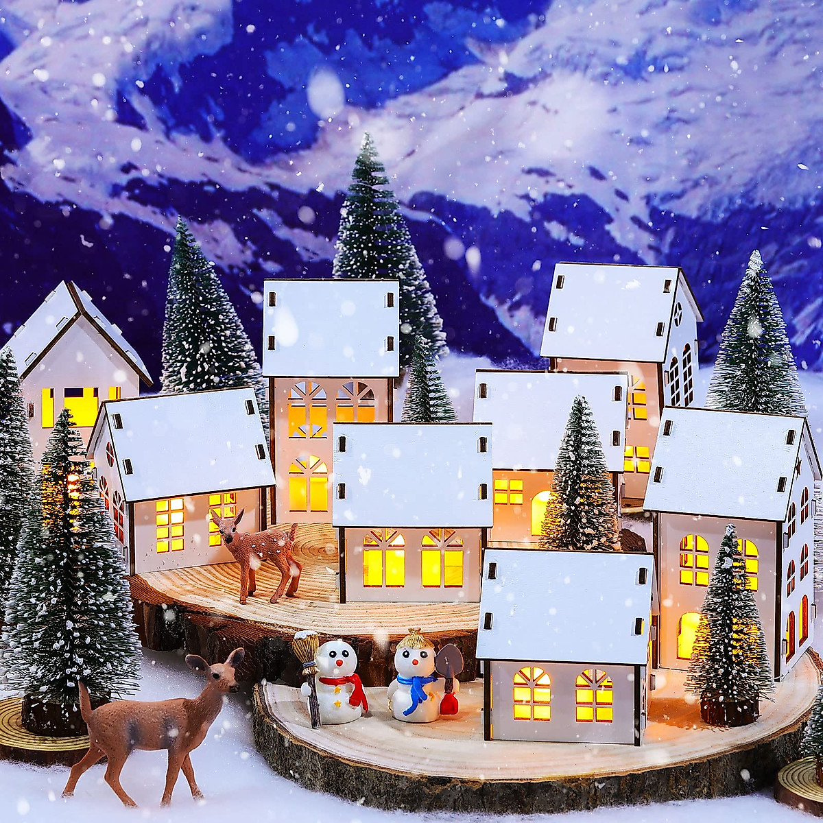 Sawysine Winter Village Kit DIY White Wood Village Houses Mini Tree Farmhouse Winter Christmas Sets Scene Desktop Ornament for Xmas Holiday Party(16 Pcs)