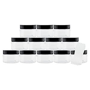 Cornucopia 4oz Clear Plastic Jars with Labels & Spatulas & Lids (12-Pack); Straight Sided PET BPA-Free Containers Great for Cosmetics, Kitchen & Gifts