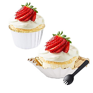 Cupcake Liners with Dome Lids 100Pack,Free-Air 3.5Oz Mini Foil Baking Cups Muffin Liners,Disposable Ramekins Cupcake Tins Cupcake Wrappers for Wedding Birthday Party,with Spoons-White in gold