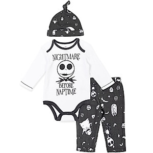 Disney Nightmare Before Christmas Sally Jack Skellington Newborn Baby Boys Bodysuit Pants and Hat 3 Piece Outfit Set Newborn