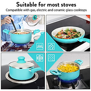 Almcmy Nonstick Cookware Set, 20 Piece Kitchen Cookware Sets, Pots and Pans Cooking Set with Glass Lids, Stay-Cool Handles & Cooking Utensils, PFAS-Free, Dishwasher Safe, Oven Safe, Turquoise