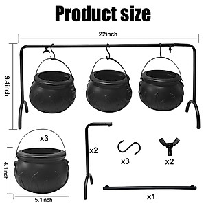Zhitaoxun 3pcs Witches Cauldron Serving Bowls with Iron Rack,Halloween Party Decotations,Black Plastic Candy Bucket Cauldron Bowls for Halloween Outdoor and Indoor Decor