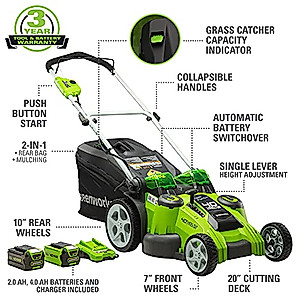 Greenworks 40V 20-Inch Cordless (2-In-1) Push Lawn Mower, 4.0Ah + 2.0Ah Battery and Charger Included 25302
