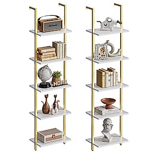 SUPERJARE 5-Tier Bookshelf, Narrow Book Shelf Set of 2, Open Wall-Mounted Ladder Shelf with Metal Frame, Display Bookcase for Home Office, Bedroom, White & Gold