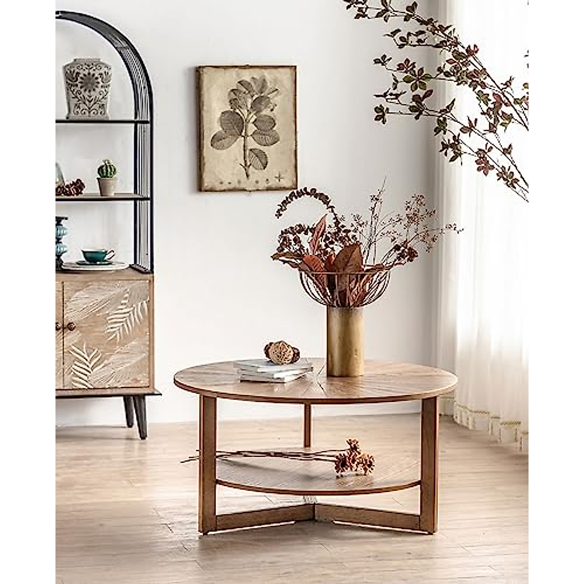 DS-HOMEPORT Round Wood Coffee Table for Living Room, 2 Tier Sturdy Circle Round Coffee Table with Large Storage, Rustic Farmhouse Round Coffee Table, 35.3''Dx17.8''H