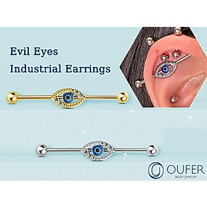 OUFER Eyes Industrial Barbells, 316L Surgical Steel Industrial Earrings, Clear CZ Paved 14G Gold Industrial Piercing Jewelry, Cartilage Earrings