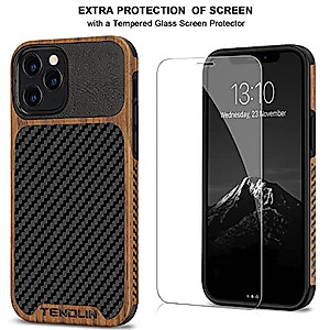 TENDLIN Compatible with iPhone 12 Case/iPhone 12 Pro Case Wood Grain with Carbon Fiber Texture Design Leather Hybrid Case