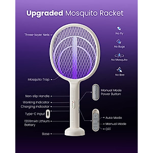 GAIATOP Electric Fly Swatter, 3200V Rechargeable 2 in 1 Fly Swatter, 1200mAh Bug Zapper Racket with UV Light Fly Zapper Dual Mode for Indoor and Outdoor Home Office Backyard Patio Camping