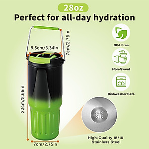 Brwacoz Vacuum Insulated Tumbler with LeakProof Straw Lid and Portable Handle, Reusable Stainless Steel Water Bottle with Non-slip Bottom Pad, Cupholder Friendly Travel Coffee Mug, 28oz, Green