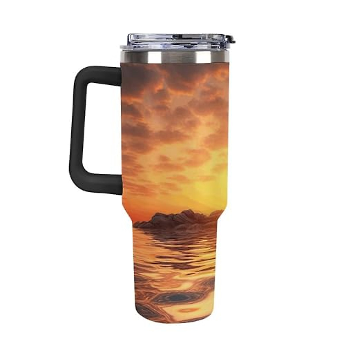 STVNKML 40 Oz Tumbler with Handle Sea Lighthouse in Sunset Stainless Steel Coffee Mug Reusable Travel Mug Leak-proof Insulated Car Cup Large Capacity Tumbler for Travel, Outdoor, Home Use (Black)
