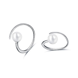 Sterling Silver Pearl Spiral Hoop Earrings Pull Through Small Hoop Earring for Women
