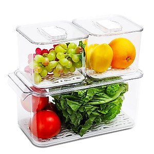 REFSAVER Fridge Storage Containers Produce Saver Stackable Refrigerator Organizer Bins with Removable Drain Tray Fridge Organizer for Fruits and Vegetables 3 Pack