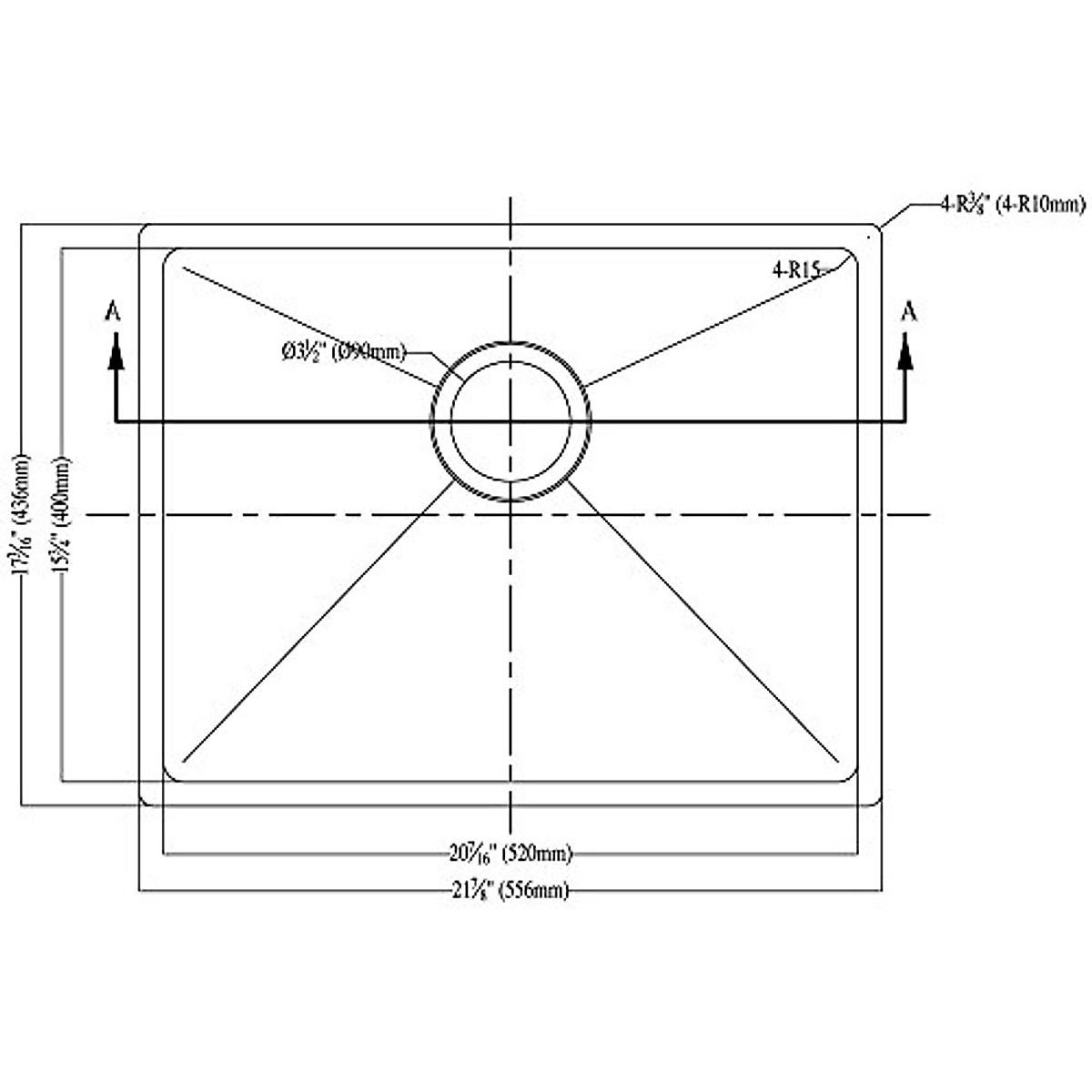 Dawn SRU201609 Undermount Small Corner Radius Single Bowl Sink, Polished Satin
