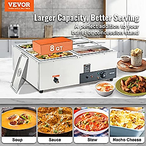 VEVOR 6-Pan Commercial Food Warmer, 6 x 8QT Electric Steam Table, 1200W Professional Countertop Stainless Steel Buffet Bain Marie with 86-185°F Temp Control for Catering and Restaurants, Silver