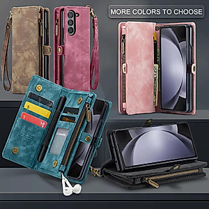 Kowauri for Samsung Galaxy Z Fold 5 Case,Zipper Purse Magnetic Folio Leather Wallet Case with S Pen Holder Wrist Strap Card Holder Shockproof Protective Cover for Samsung Galaxy Z Fold 5 5G (Blue)