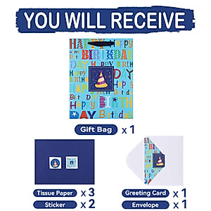 13" Large Blue Gift Bag Set with Greeting Card and Tissue Paper(Colorful Happy Birthday Text) for Boys’, Girls’ or Kids' Birthday Party, Men's or Women's Birthday Parties, Baby Shower - 10.2”x5.2”x13”, 1 Pcs.